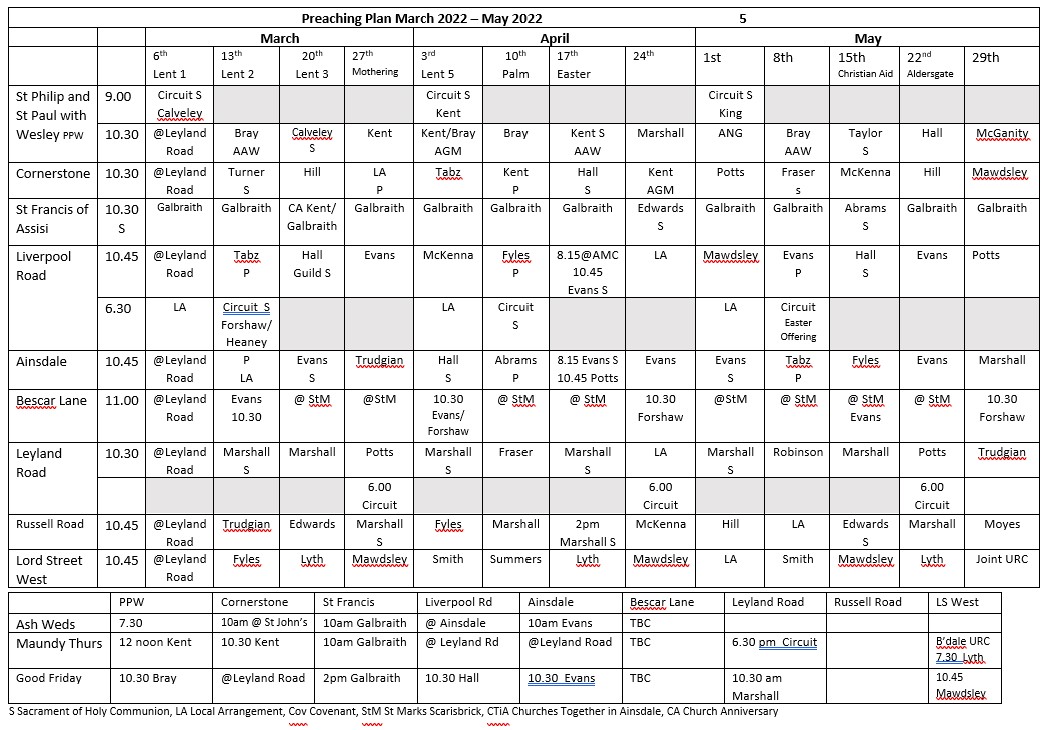 Preaching Plan - Southport Methodist Circuit